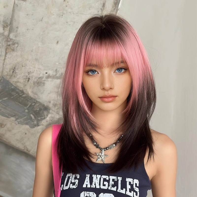 Bộ tóc giả dài thẳng Gradient màu hồng và nâu, phong cách punk mát mẻ ...