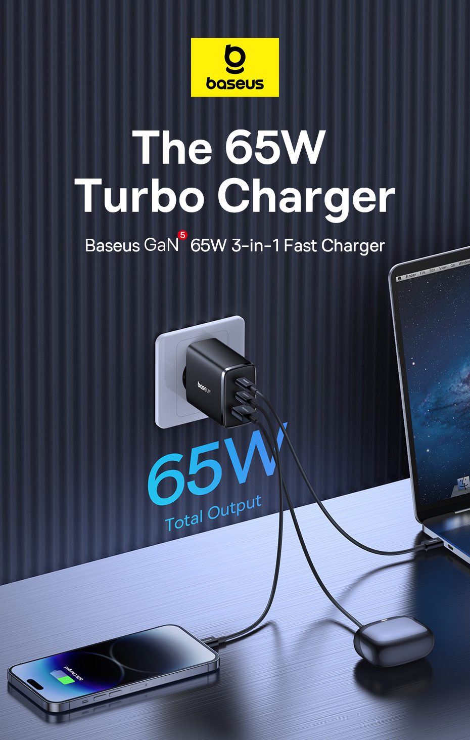 Bộ sạc nhanh BASEUS 65w cube pro 2c + u thích hợp cho phone 15 14 13 12 ...