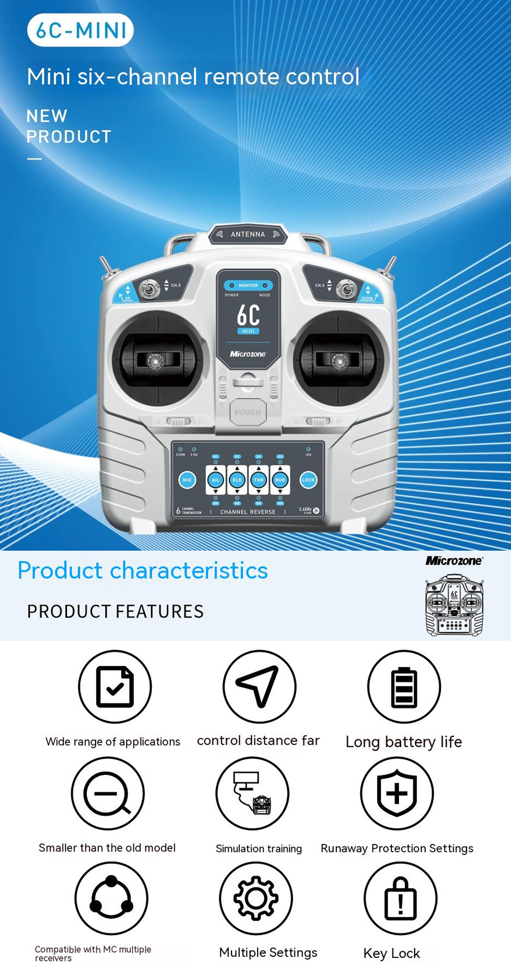 Microzone MC6C 6C-Mini V2 2.4G 6CH Bộ Điều Khiển Bộ Phát MC7RB Hệ Thống ...