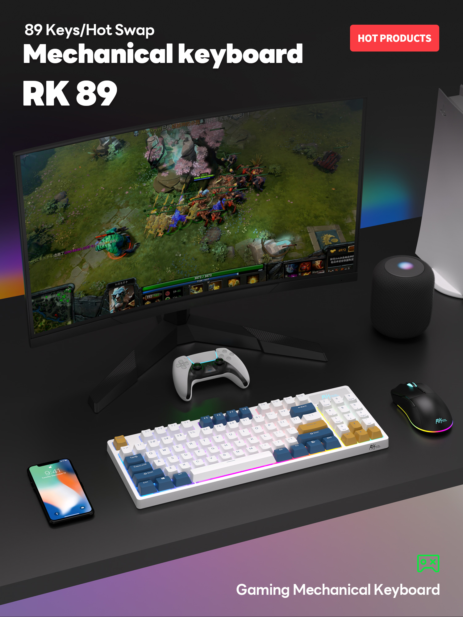 Bàn phím cơ Rk Royal Kludge Rgb 3 chế độ Bt5.0 2.4g USB C 89 phím thay ...