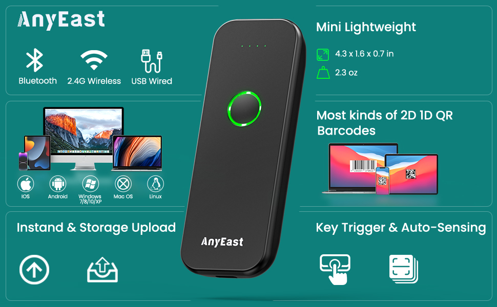 Anyeast Máy quét mã vạch không dây 1D 2D di động 3 trong 1 qua Bluetooth & 2.4G Wireless & USB ...