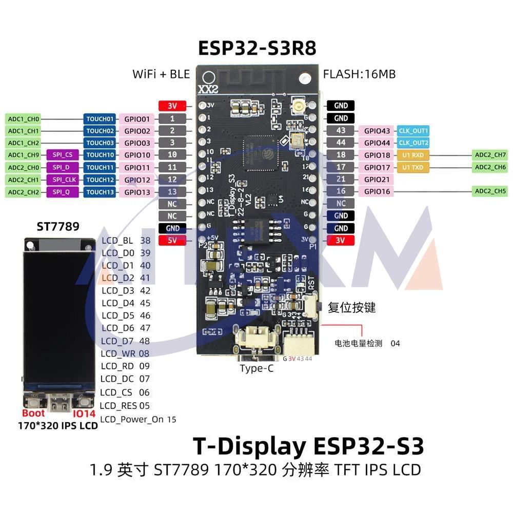 Bảng phát triển T-Display-S3 ESP32 S3 với 1.9 inch ST7789 Bảng phát triển màn hình LCD WIFI ...