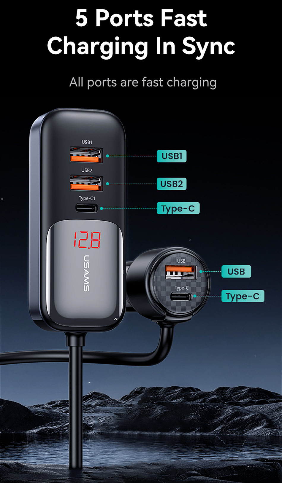 Bộ sạc nhanh ô tô USAMS 2C + 3A 5 cổng 165W màn hình hiển thị kỹ thuật ...