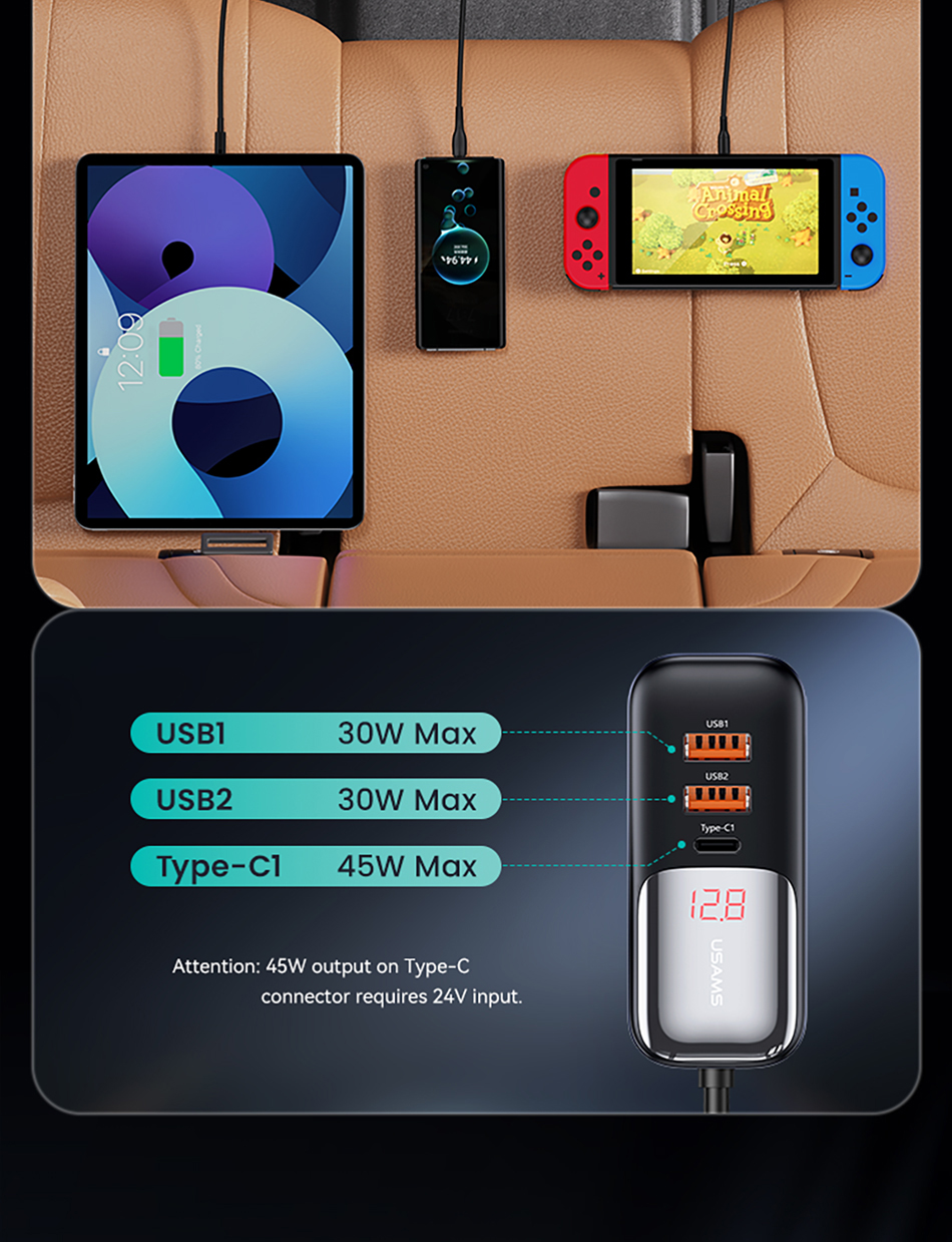 Bộ sạc nhanh ô tô USAMS 2C + 3A 5 cổng 165W màn hình hiển thị kỹ thuật ...