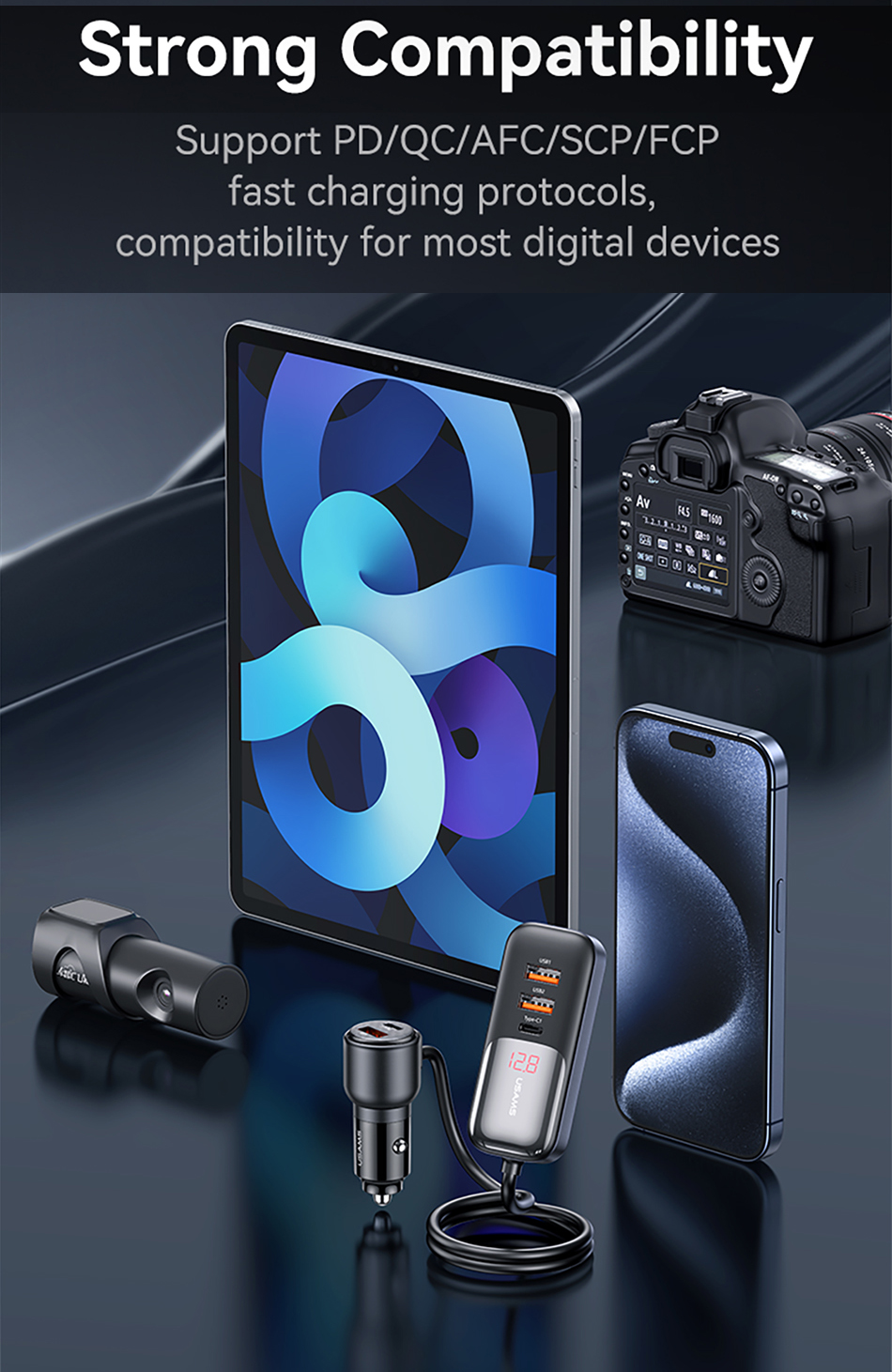 Bộ sạc nhanh ô tô USAMS 2C + 3A 5 cổng 165W màn hình hiển thị kỹ thuật ...