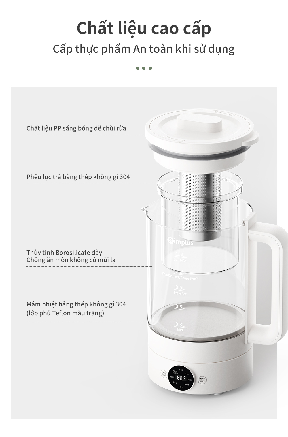 Simplus Bộ Ấm Điện Dung Tích 1.5L Màn Hình LCD 8 Chức Năng Cài Sẵn YSHU001- Bảo Hành 1 Năm 1 Đổi ...