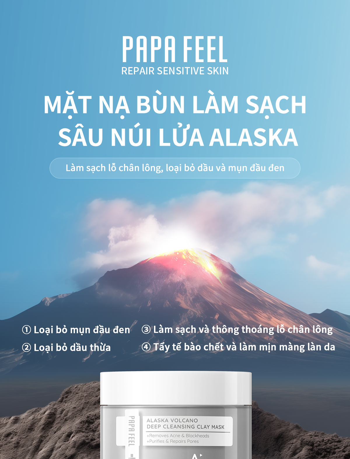 PAPA FEEL Mặt nạ đất sét núi lửa Alaska loại bỏ mụn trứng cá và mụn đầu ...