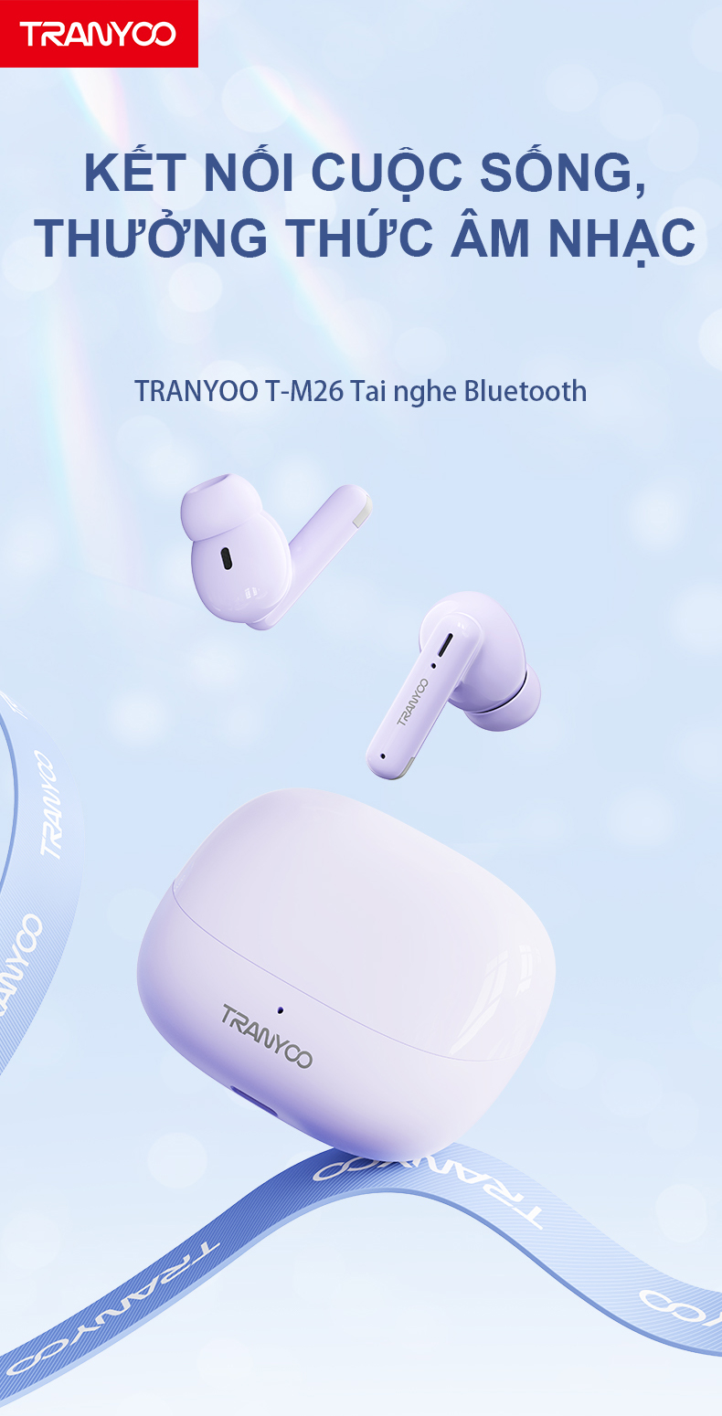 Tai nghe Bluetooth 5.3 TRANYOO T-M26 Khử tiếng ồn thông minh chức năng nghe gọi chơi game thời ...