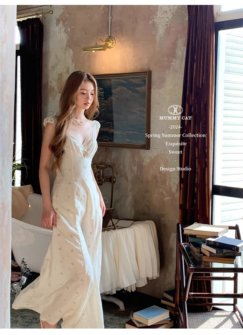 Pháp Lãng Mạn Gợi Cảm Thấp Cắt Tinh Tế Váy Dài 2024 Phong Cách Mới Tinh Tế Jacquard Rỗng Thiết ...