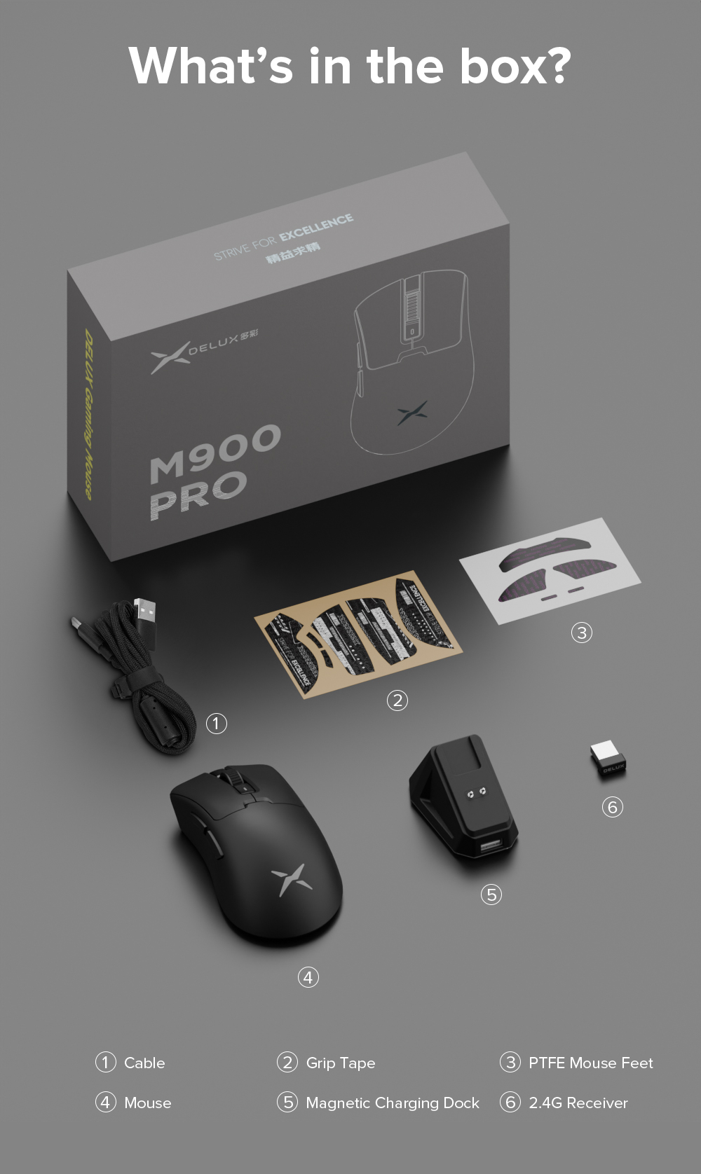 Delux M900 PRO M900PRO PAW3395 63g 8K Tần suất bỏ phiếu 26000DPI Dongle ...