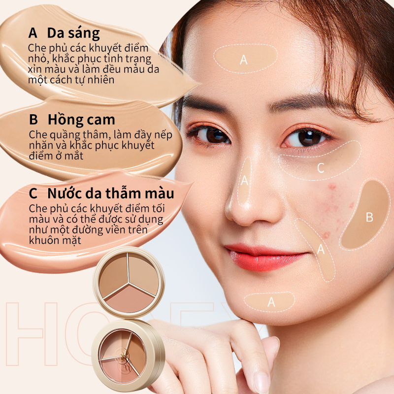 【VN Tàu Thủy】Honey Beauty kem che khuyết điểm 3 màu triệt sắc chống thấm nước giúp hiệu chỉnh ...