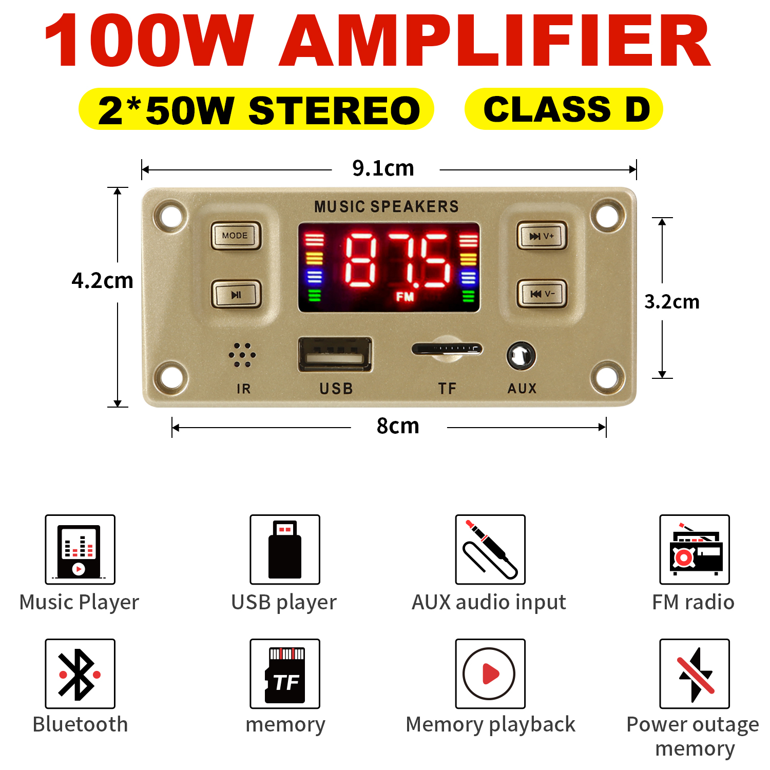 Bộ khuếch đại kỹ thuật số gia đình 100W Bảng giải mã MP3 12V Âm thanh ...