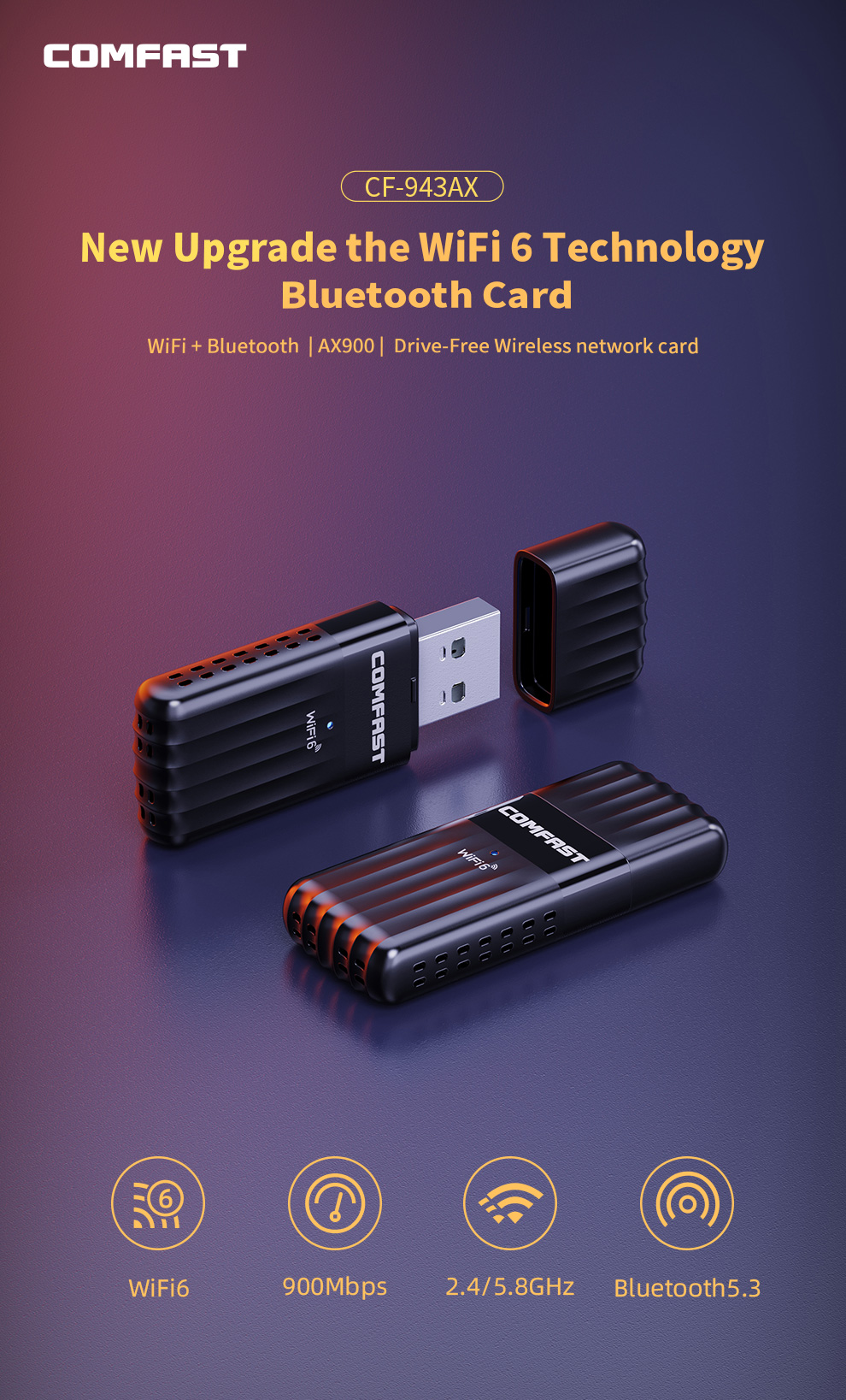 Comfast USB Wifi6 Adapter Bluetooth5.3 Băng tần kép 900Mbps Wifi Dongle Wifi Ăng-ten Dongle Ổ ...