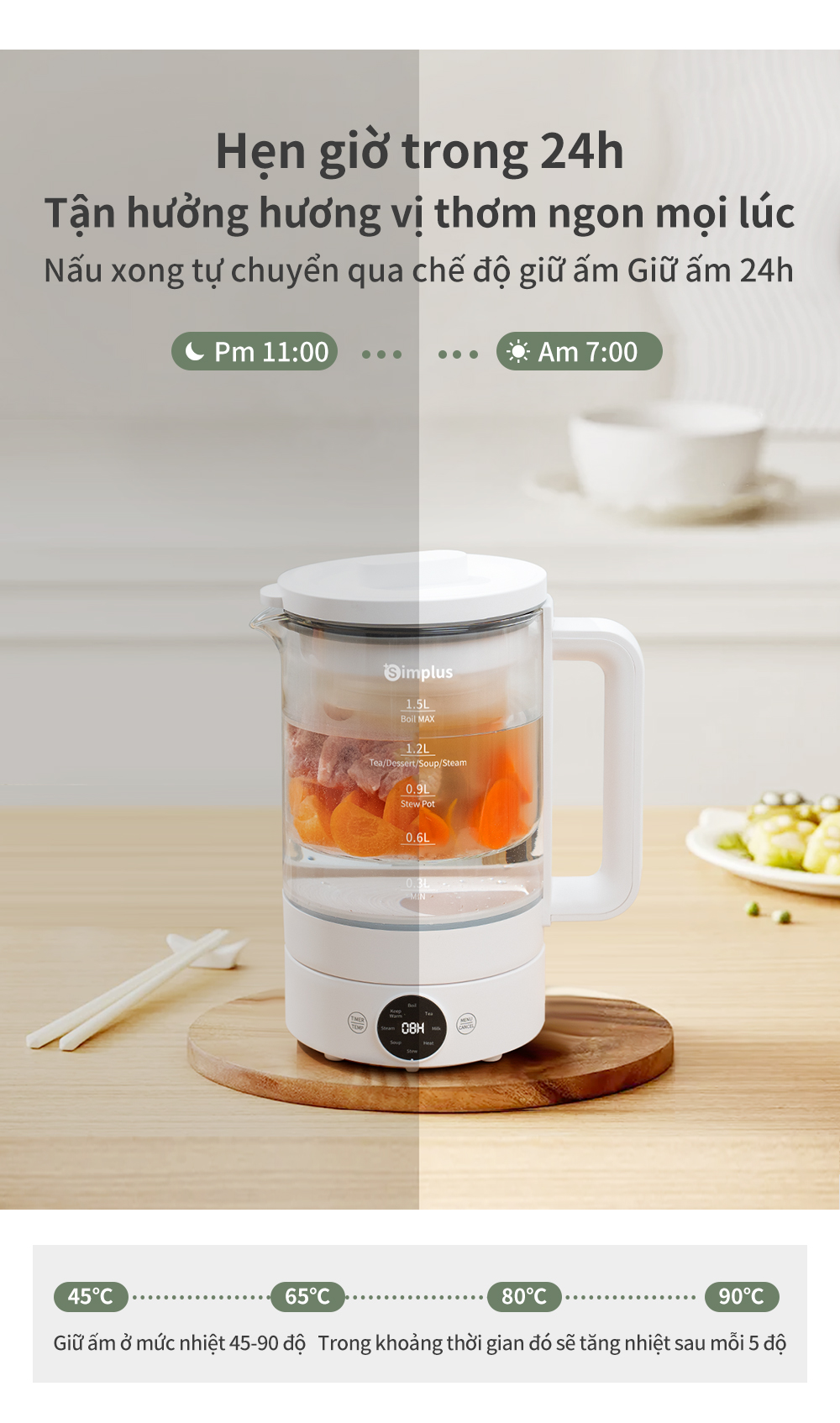 Simplus Bộ Ấm Điện Dung Tích 1.5L Màn Hình LCD 8 Chức Năng Cài Sẵn YSHU001- Bảo Hành 1 Năm 1 Đổi ...