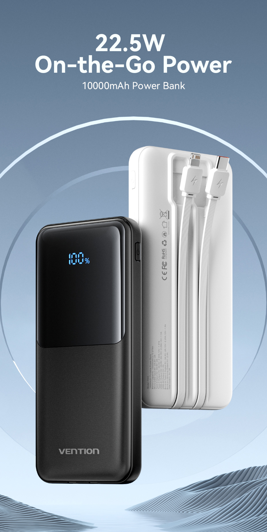 Vention Power Bank có cáp 20000mAh PD 22.5W Sạc nhanh tích hợp điện kép ...