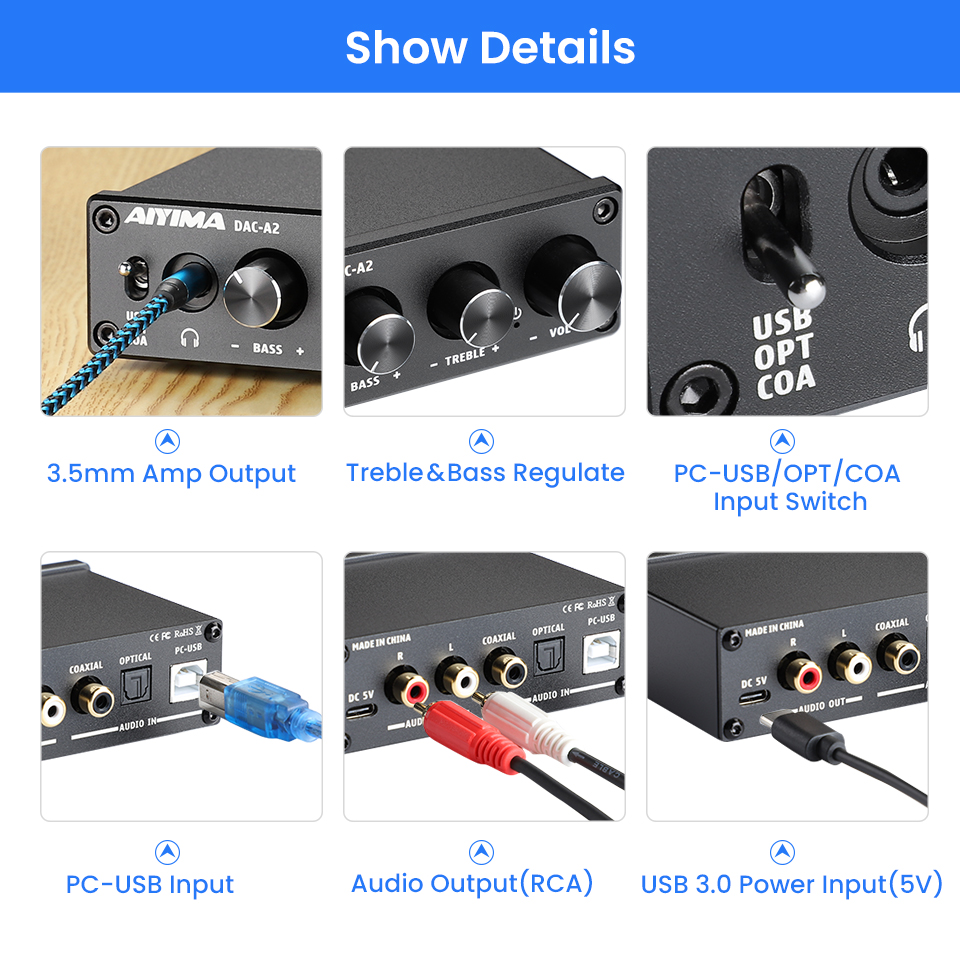 Bộ khuếch đại tai nghe AIYIMA DAC-A2 DAC có điều khiển âm trầm Đầu vào PC-USB / Quang học / Đồng ...