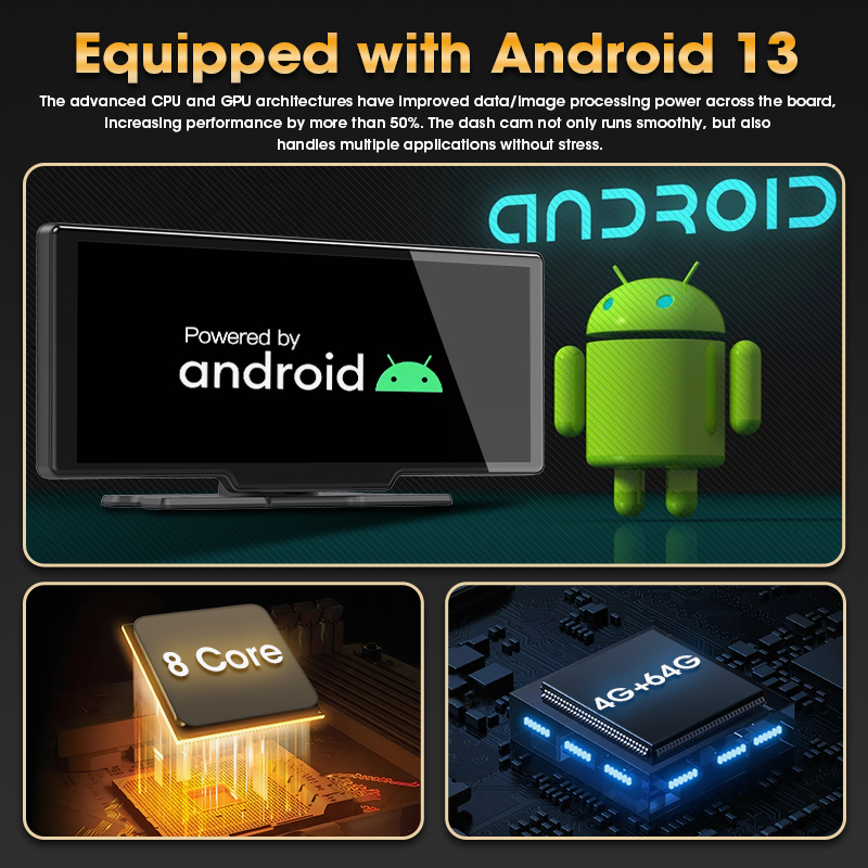 Jansite 8 Core 4 + 64GB Android 12 Xe DVR 5G WiFi Không Dây CarPlay Android Tự Động Ống Kính Kép ...