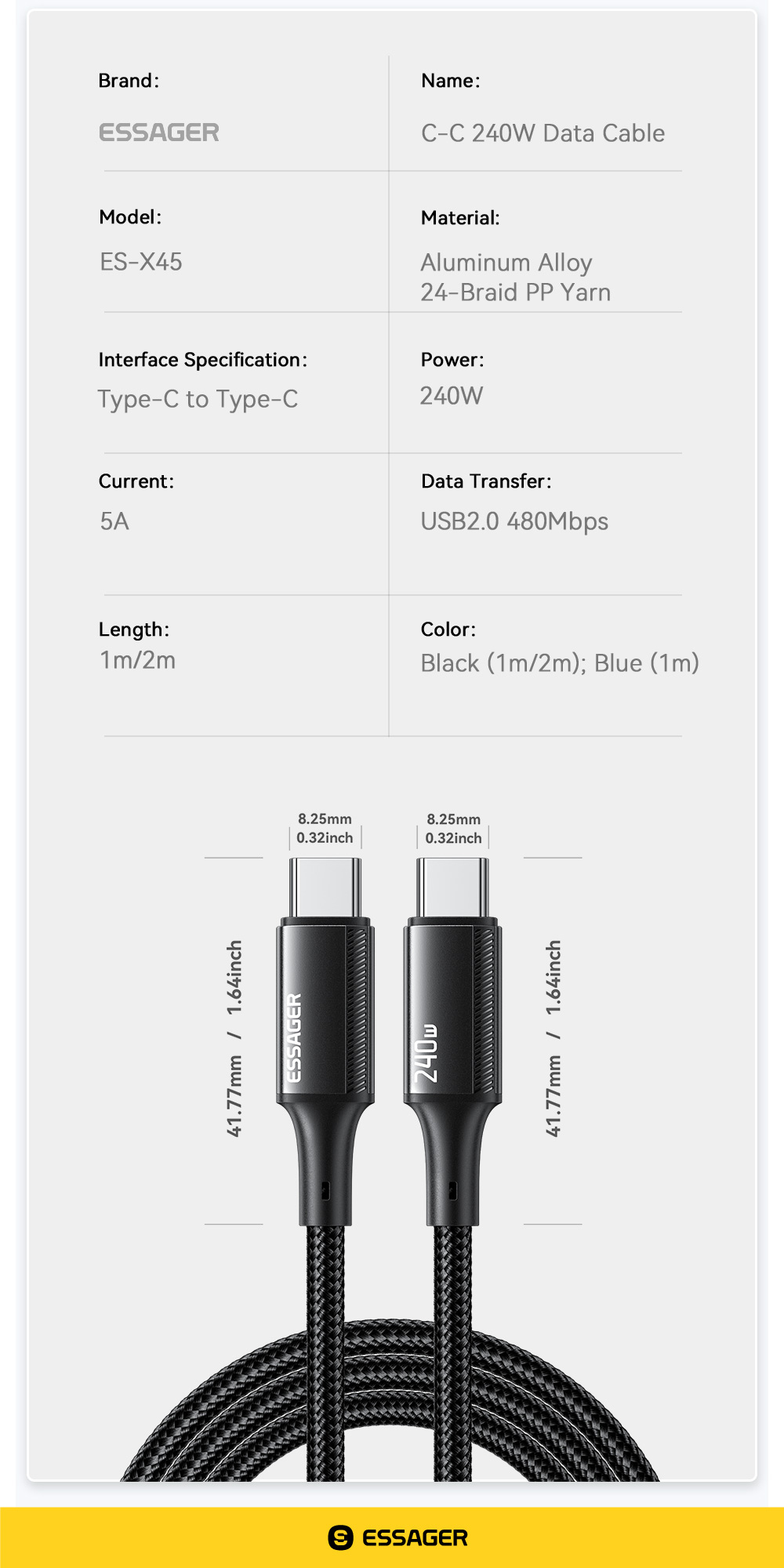 Essager 240W 5A PD3.1 Type-C sang Type-C Cáp dữ liệu sạc nhanh hỗ trợ Laptop Padt & Điện thoại ...