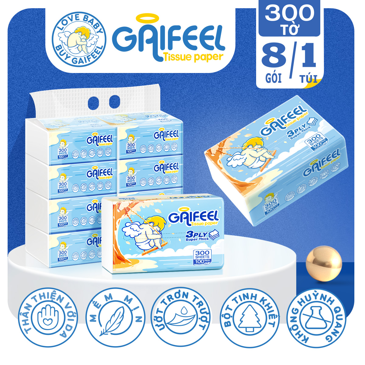 Giấy ăn GAIFEEL,mềm mịn thấm hút tốt ,1 Gói/300 tờ 3 lớp | Shopee Việt Nam