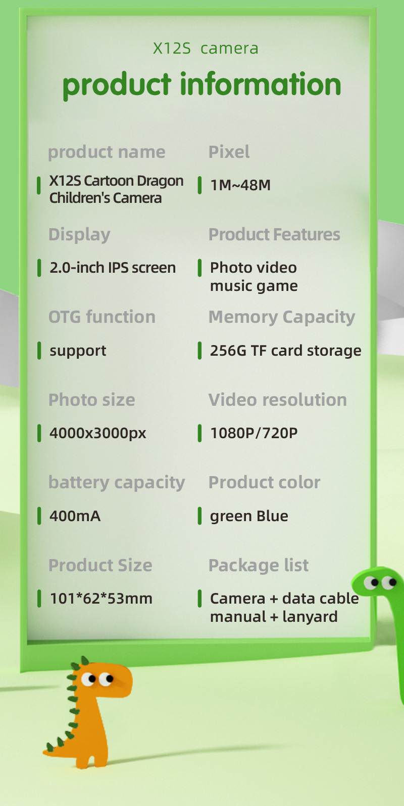 Ymx X12S 4800W Mới HD Camera Kép Hoạt Hình Khủng Long Mini Máy Ảnh Kỹ ...