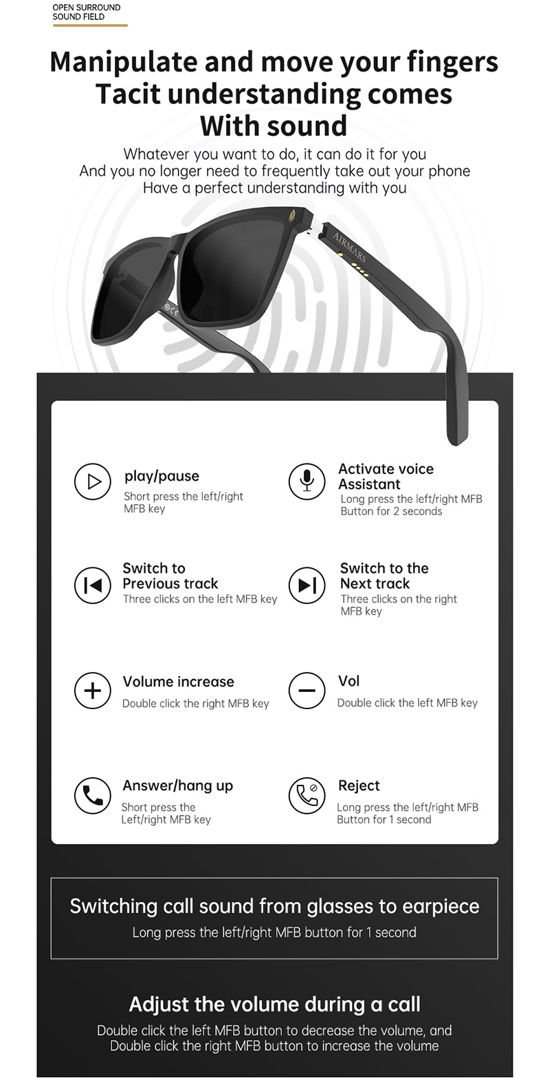 Kính mát thông minh Airmars SG8 Bluetooth 5.4 Nhỏ gọn tiện lợi nghe nhạc và đàm thoại Thích Hợp ...