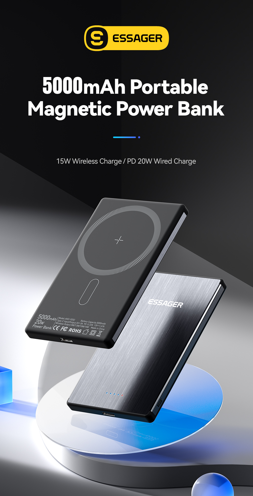 Essager S 5000mAh sạc không dây từ tính Bề mặt kim loại chải 15W Sạc ...