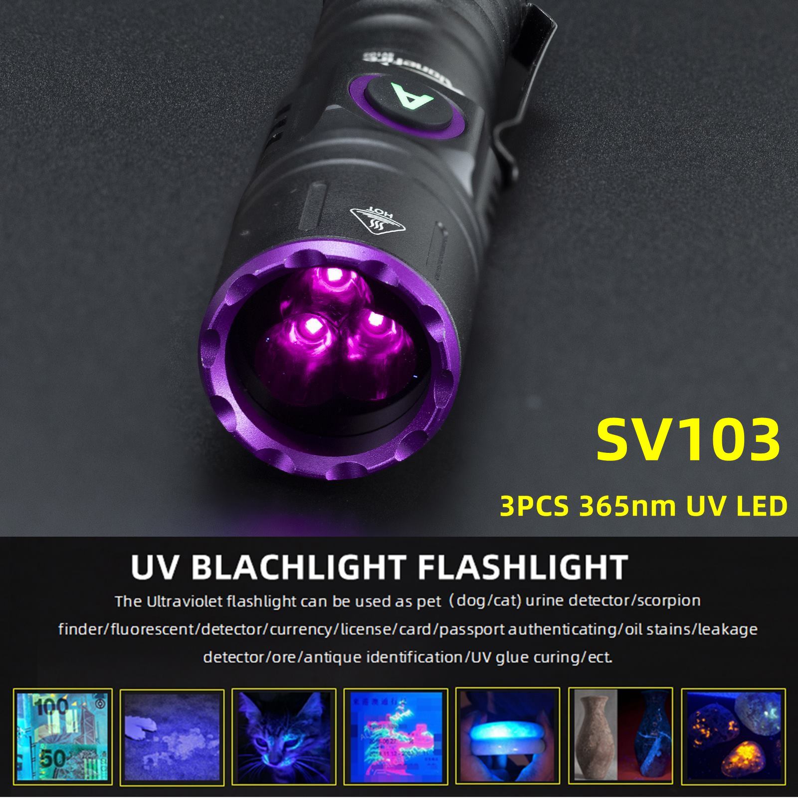 Alonefire SV103 15W Công Suất Cao UV 395 / 365nm USB Sạc Đèn Pin Chó ...