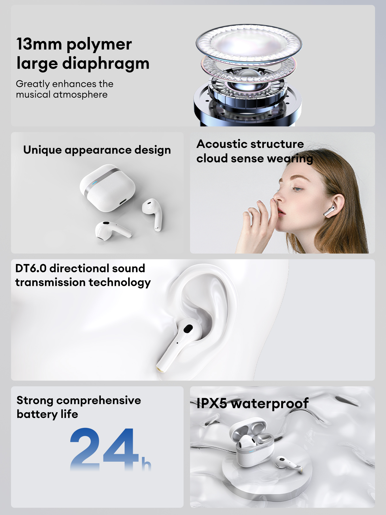 Tai nghe Bluetooth Hyundai HY-T02 Pro IPX5 Chống nước Thông minh Khử tiếng ồn Chất lượng âm ...