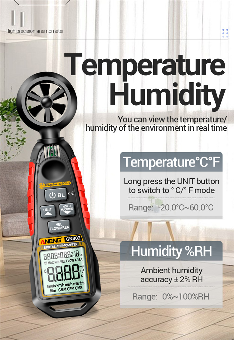 Máy đo tốc độ gió cầm tay One Piece ANENG GN302 9999 Đếm kỹ thuật số 0,4 ~ 30.00m / s -20.0C ...