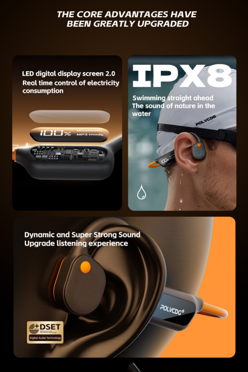Polvcdg-x10-1 IPX8 Màn hình LED chống nước 32G Tai nghe dẫn truyền xương bơi 5.3 IPX8 Tai nghe ...