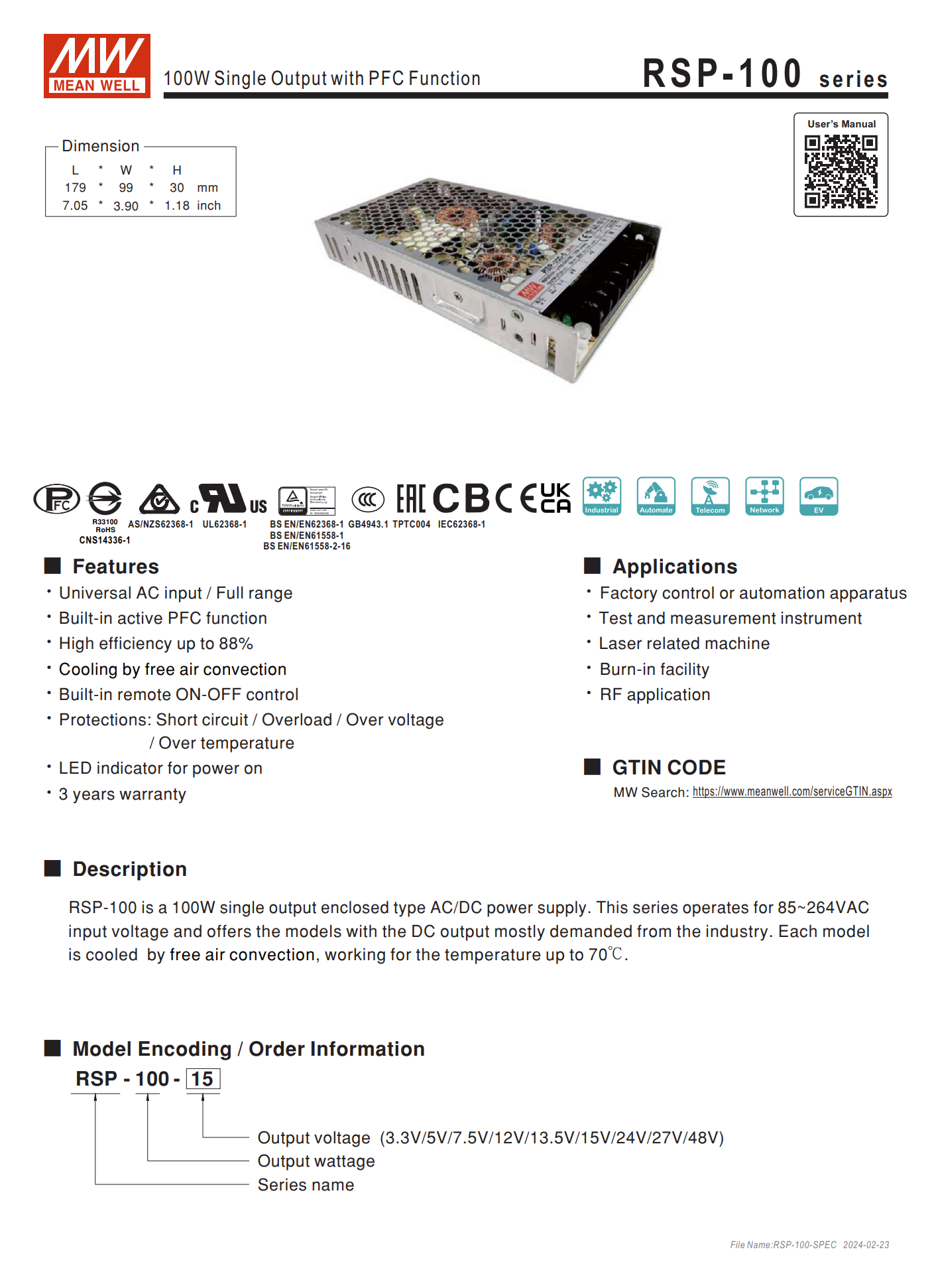 MEAN WELL RSP-100-24 RSP-100-12 RSP-100-5 RSP-100-48 Chuyển mạch Nguồn ...