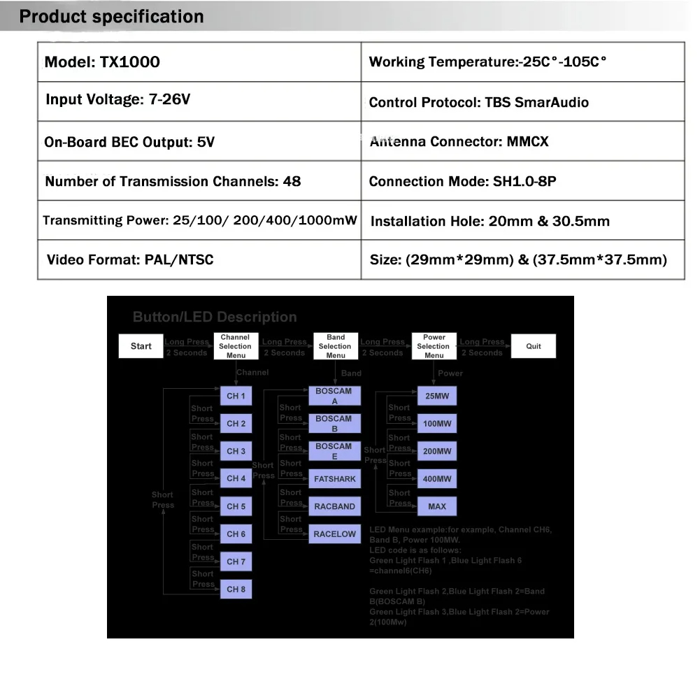 B-cube 5.8G 1000mW 48CH VTX Điện áp đầu vào 7-26V Công suất phát Video ...