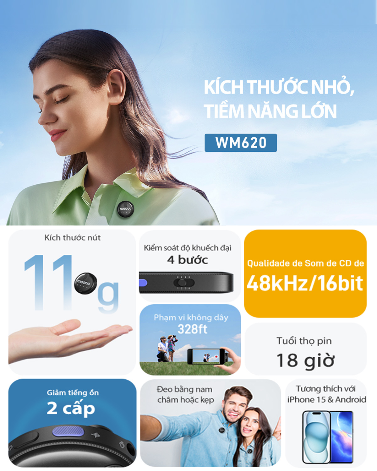 Micrô không dây MAONO WM620 PB2 có micrô Lavalier giảm tiếng ồn 2 cấp ...