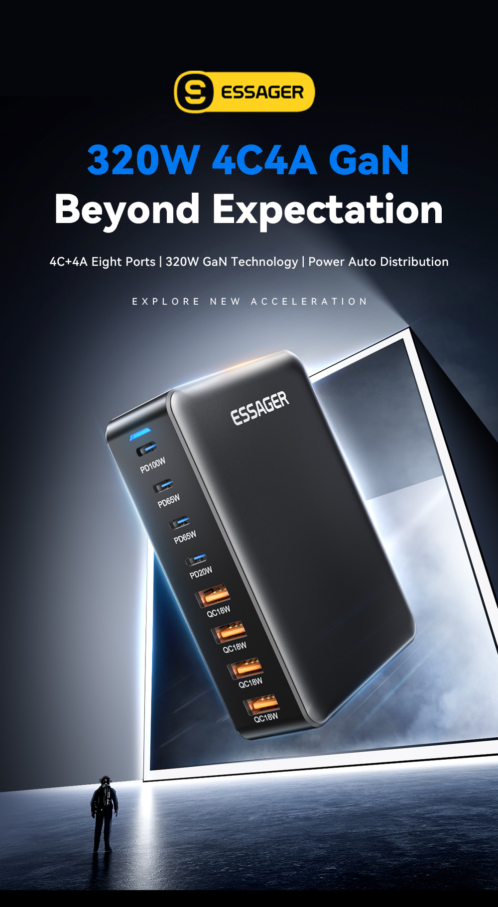 Bộ sạc GaN ESSAGER 320W Bộ chuyển đổi cổng 4A + 4C Hỗ trợ sạc nhanh PPS PD3.1. Qc4.0 FCP SCP BC1 ...