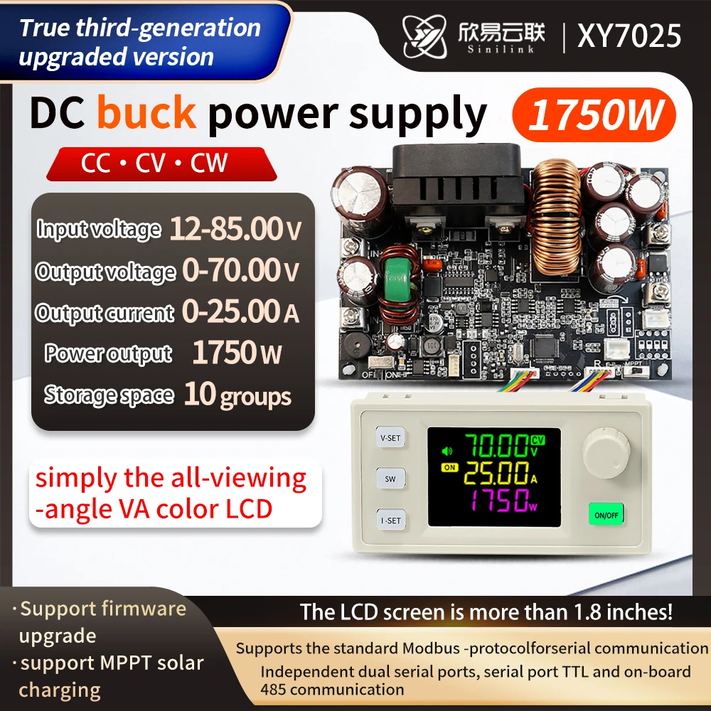 Bộ chuyển đổi Buck XY7025 70V / 25A / 1750W CC CV Bộ nguồn ổn định CNC Điều chỉnh điện áp và mô ...