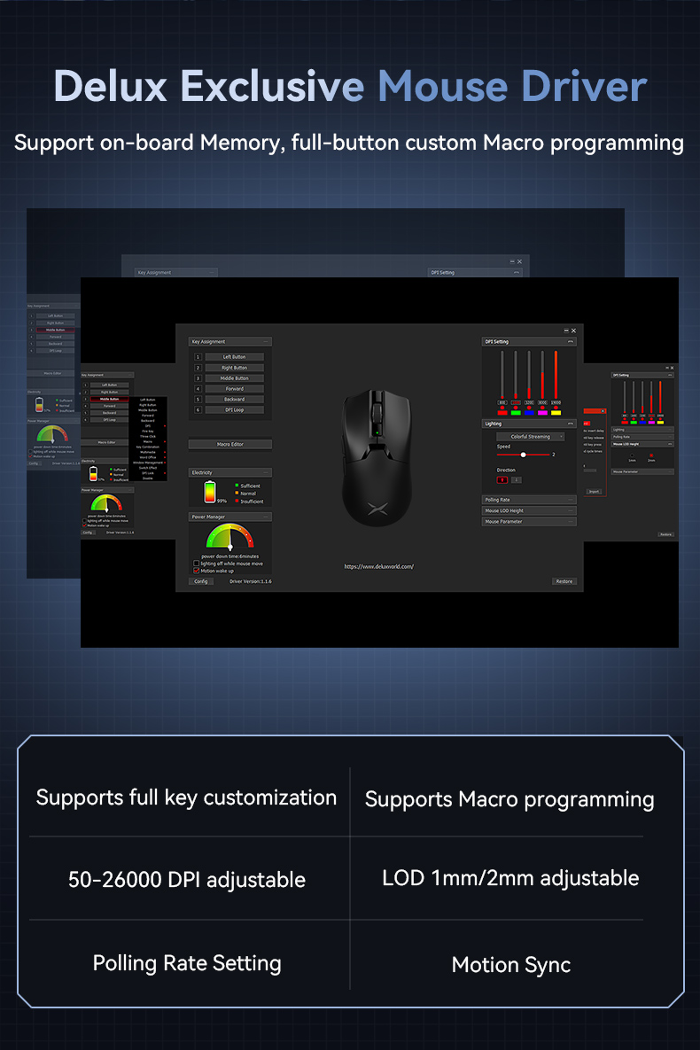 Delux M800PRO PLUS PAW3395 8000Hz Sạc 400mAh lên đến 26000 DPI Nhẹ 57g Nút lập trình Chuột chơi ...