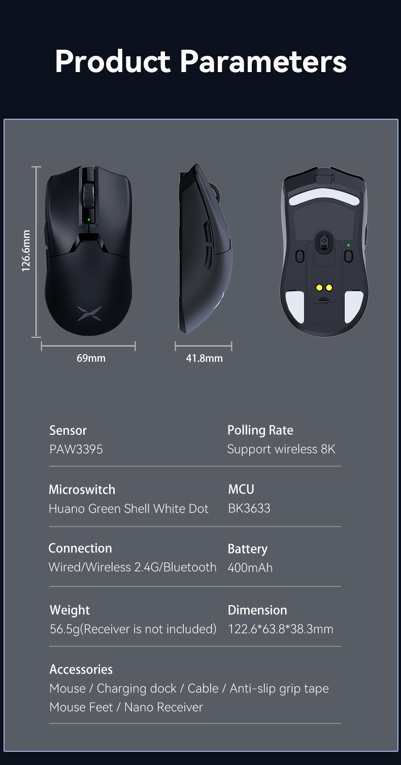 Delux M800PRO PLUS PAW3395 8000Hz Sạc 400mAh lên đến 26000 DPI Nhẹ 57g Nút lập trình Chuột chơi ...