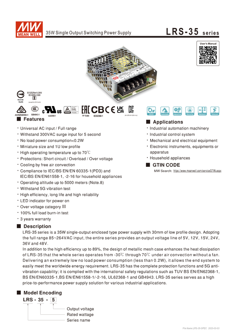 Bộ nguồn chuyển mạch MEAN WELL LRS-35 LRS-50 LRS-75 LRS-100 LRS-150 LRS-200 LRS-350 DC12V DC24V ...