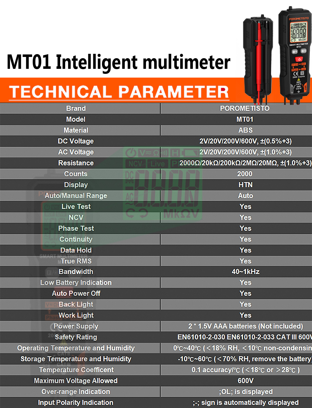 Mt01 Đồng hồ vạn năng kỹ thuật số Mini thông minh AC DC NCV Đồng hồ vạn năng Máy đo điện áp Ohm ...