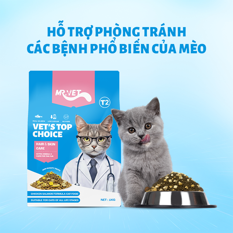 Thức ăn cho mèo MRVET T2 Combo 2 Gói 1KG pha chế từ gà và cá hồi, bổ sung omega 3 cho da và áo ...