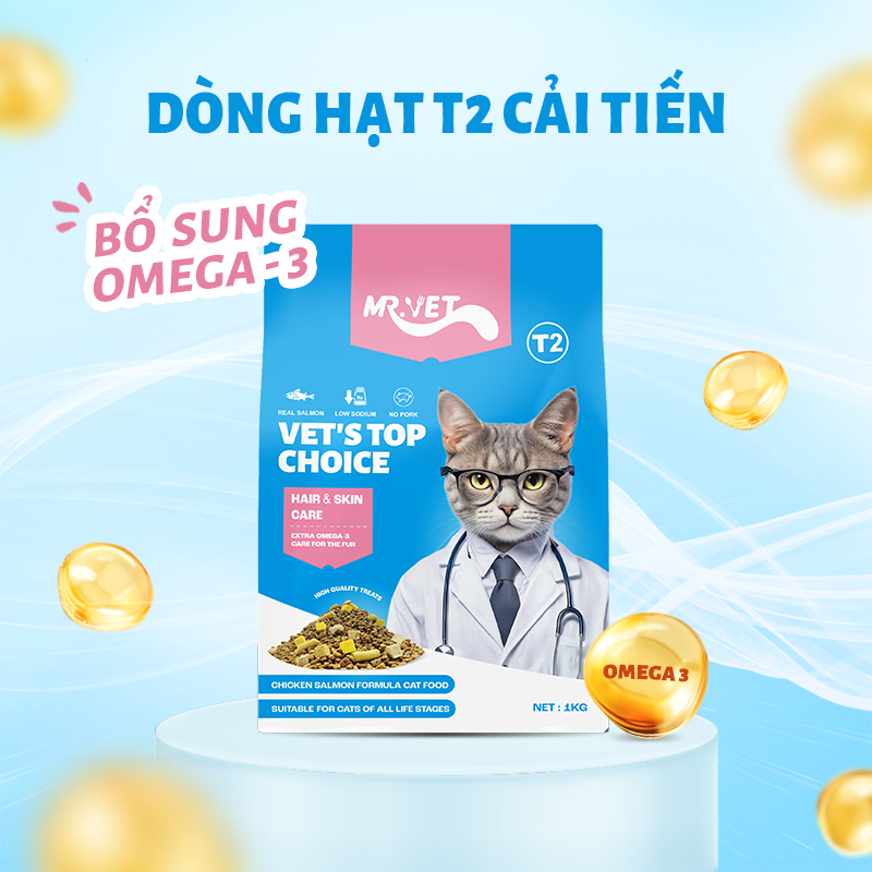 Thức ăn cho mèo MRVET T2 Combo 2 Gói 1KG pha chế từ gà và cá hồi, bổ sung omega 3 cho da và áo ...