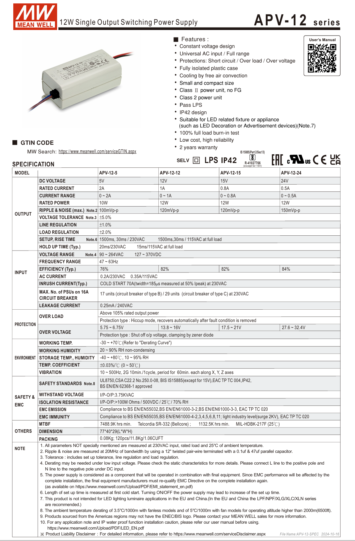 MEAN WELL APV-12-5 APV-12-12 APV-12-24 APV-12-15 Bộ nguồn điều khiển ...