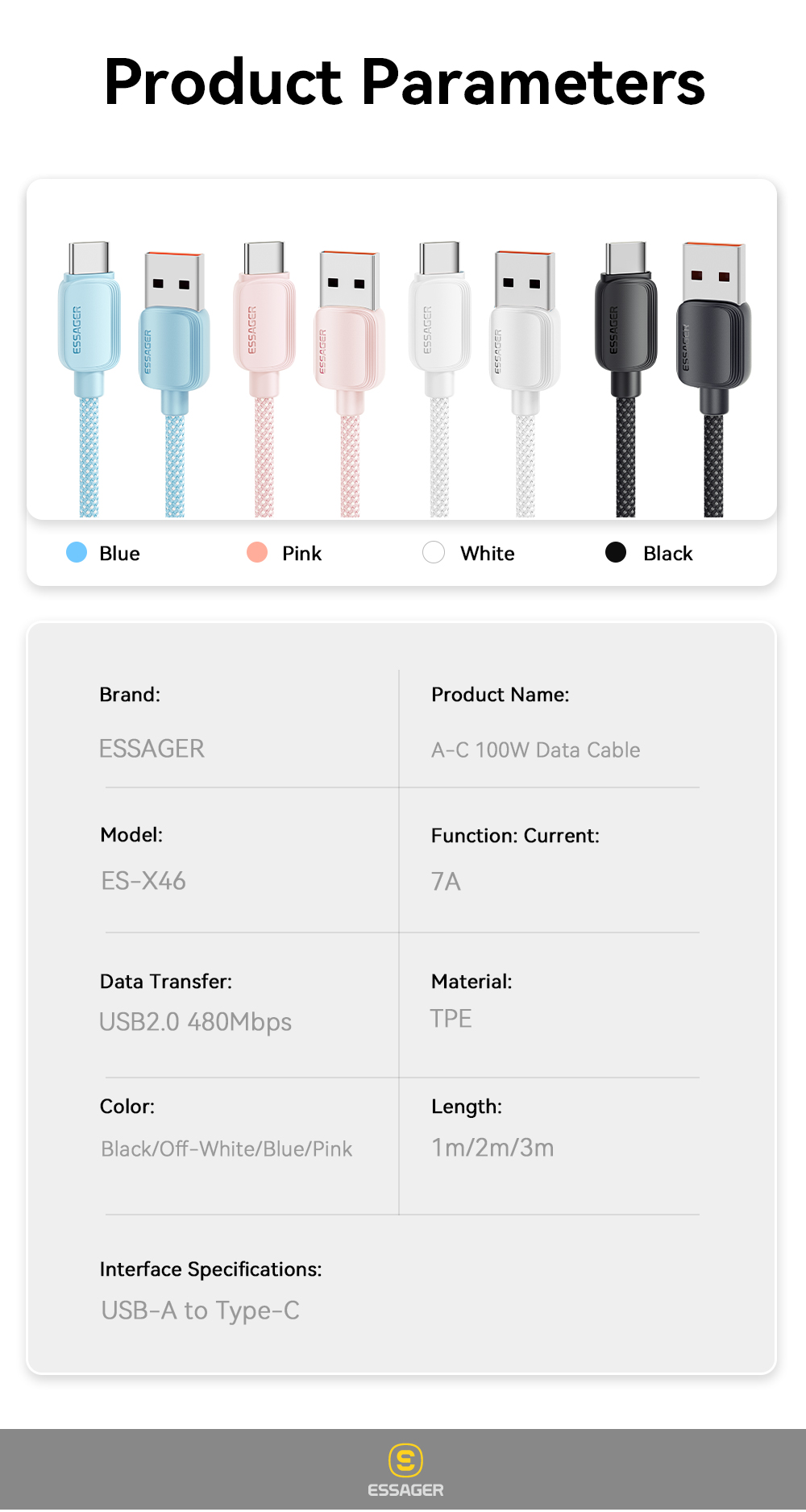 Cáp sạc nhanh Essager 100W 7A USB sang Type C 4 màu phù hợp với Velcro ...