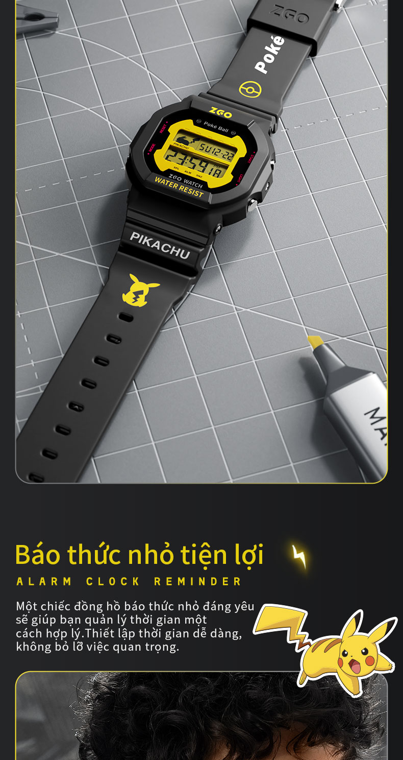 Đồng hồ điện tử ZGO x Pokémon PIKACHU Chính hãng Chống nước Dạ quang ...