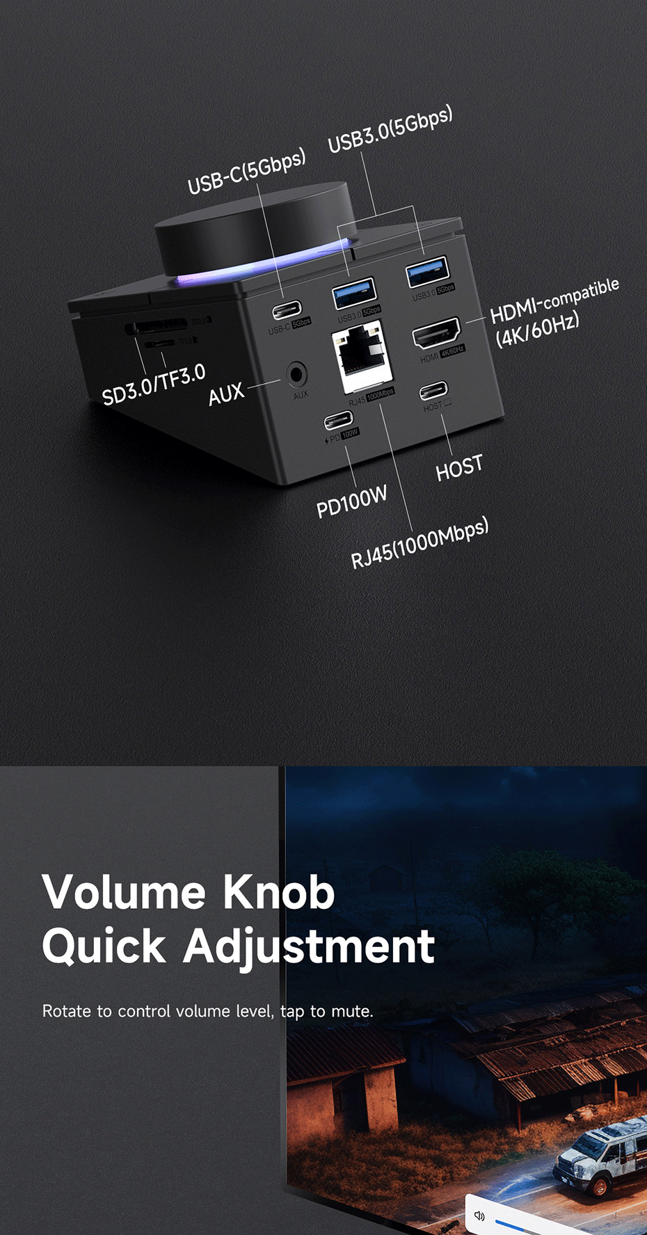 Hagibis Knob USB C Hub Với 4K60Hz HDMI 100W PD Nút bấm tắt Type-C ...