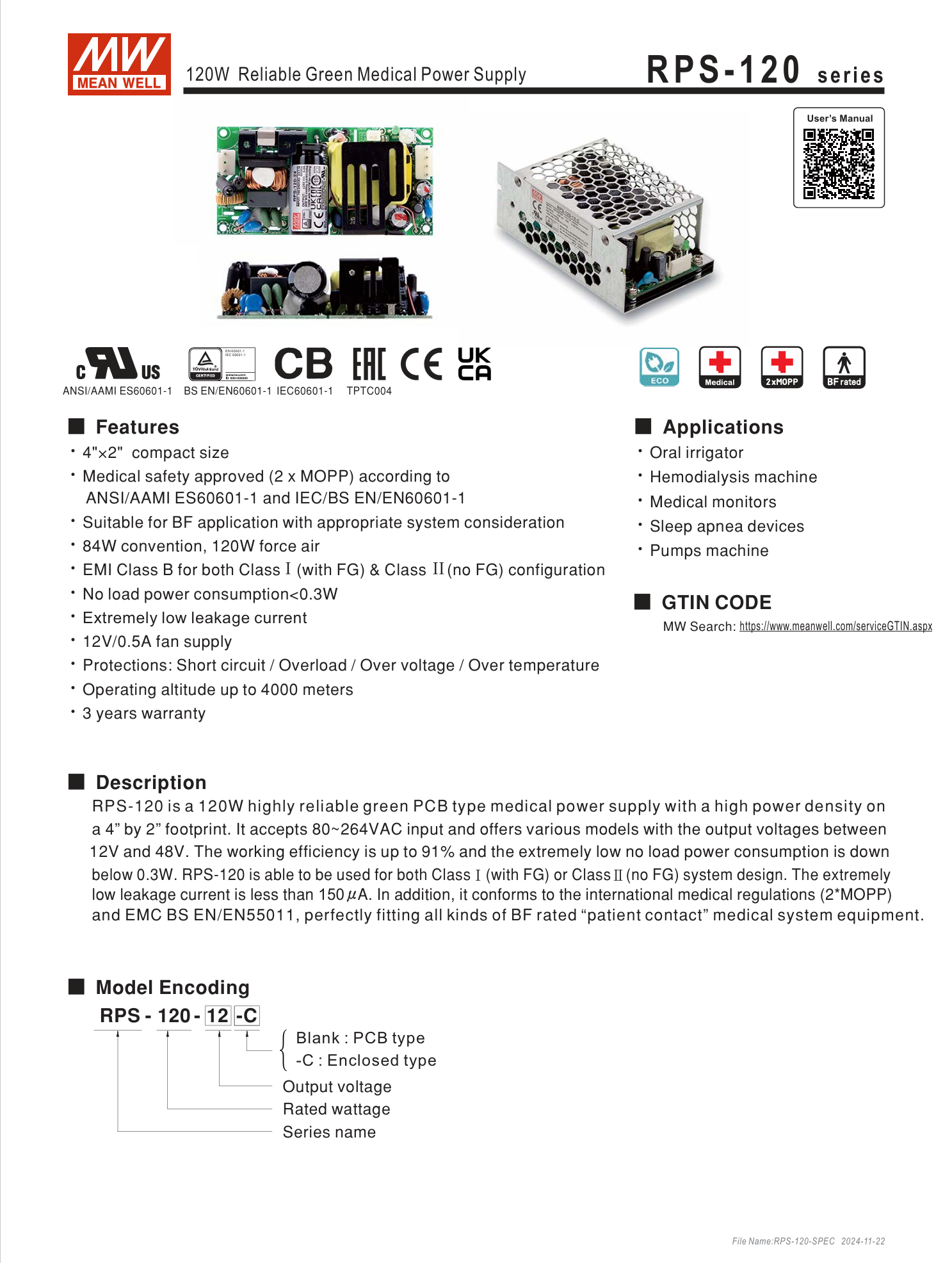 MEAN WELL RPS-120-24 RPS-120-12 RPS-120-15 RPS-120-48 RPS-120-27 ...