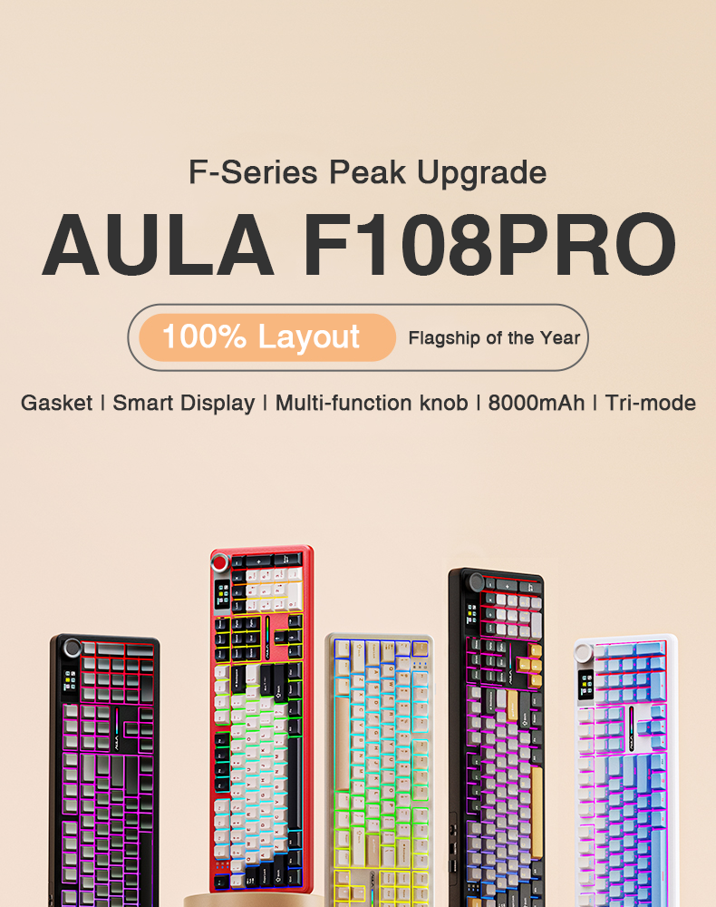 Bàn phím cơ không dây AULA F108 - Black And Gold (Multi-mode - Màn hình ...