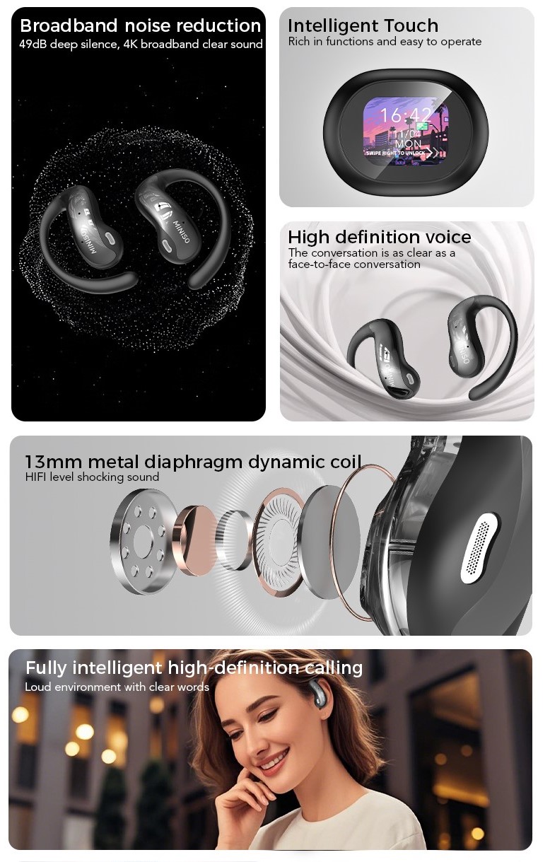 MINISO MS188 Máy dịch thời gian thực Al Smart Tai nghe không dây Bluetooth 5.4 Với màn hình cảm ...