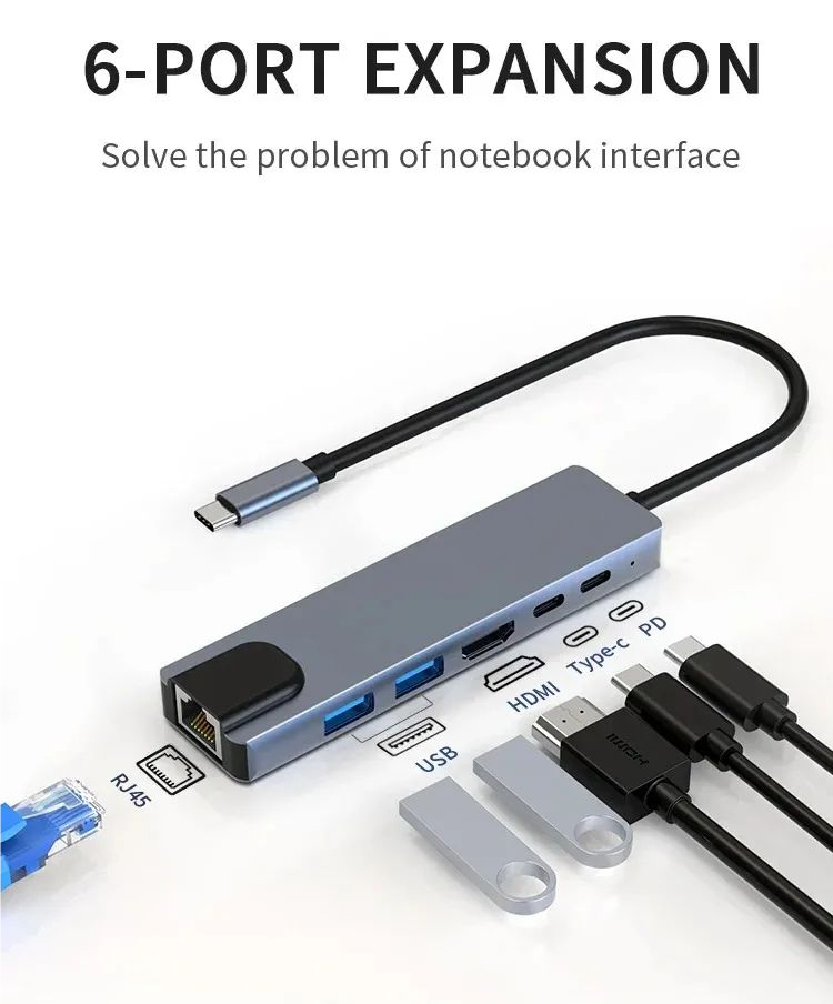 Bộ Hub 6 trong 1 Type C USB3.0 HDMI RJ45 Đầu đọc Đế cho Laptop và Máy ...