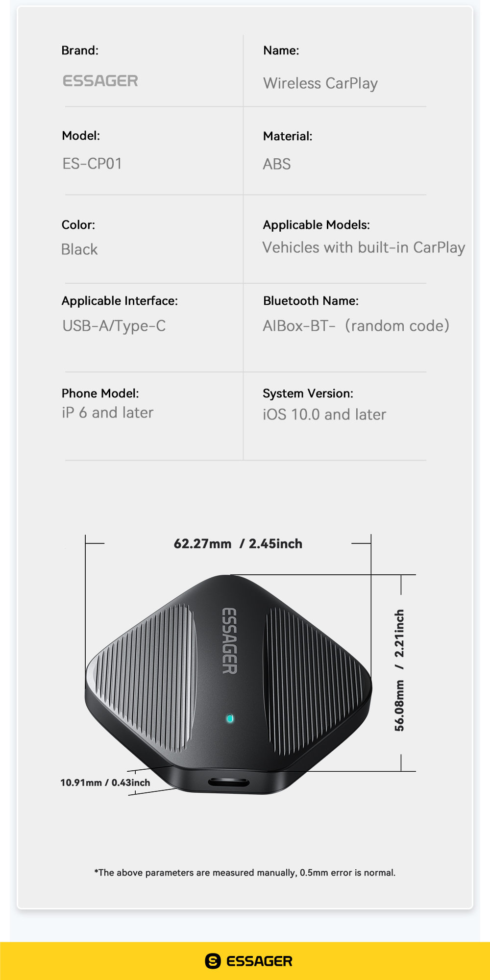 Essager Wireless CarPlay Adapter Bộ kích hoạt không dây Tự động kết nối cho ô tô và xe máy cho ...